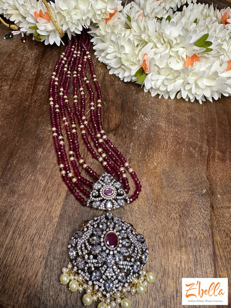 4 layer ruby red bead chain with victorian finish pendent NO earring ...