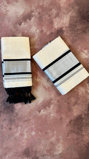 Black and silver cotton set mundu – Z'Bella Couture