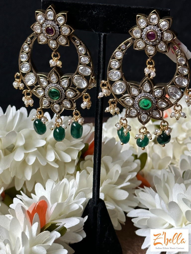 Chandbali with kundan and green beads