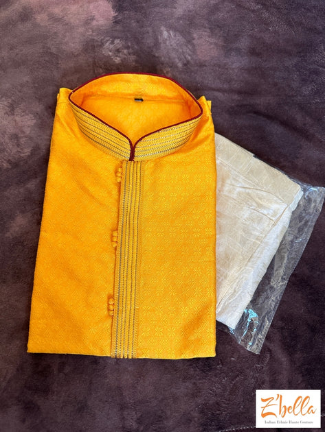 Mustard yellow silk kurta, with cream color pants – Z'Bella Couture